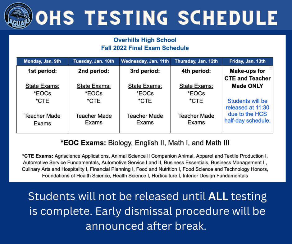 Fall 2022 Testing Schedule | Overhills High School